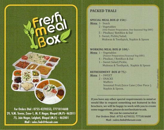 Menu at Fresh Meal Box, Bhopal