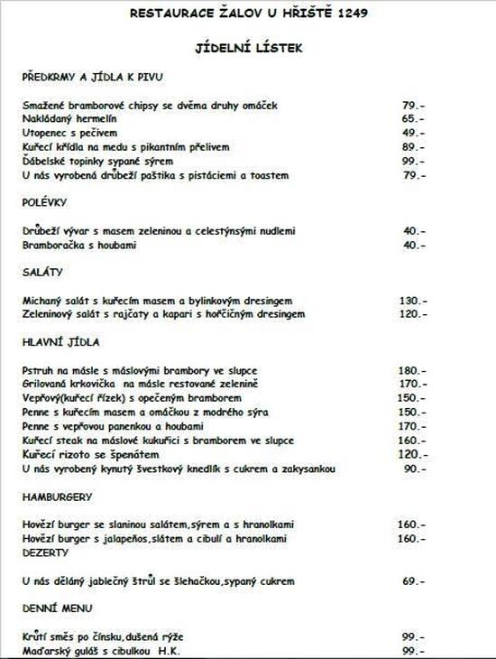 Menu at Restaurace Žalov restaurant, Roztoky