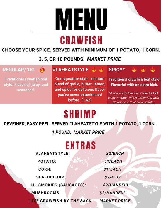Menu at LA Heat Crawfish restaurant, Lafayette
