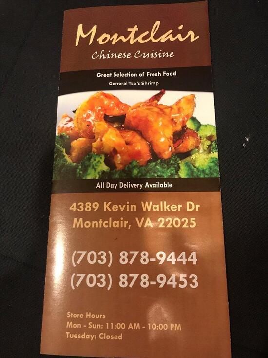 Carta del restaurante Montclair Chinese Cuisine, Montclair, Kevin Walker Dr