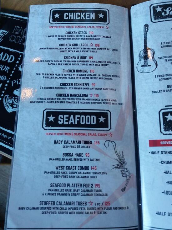 Menu at Bossa Buh-Rein restaurant, Cape Town, Buh-Rein Dr