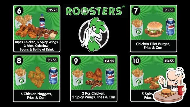 Menu at Roosters fast food, Cardiff, 15 W Bute St
