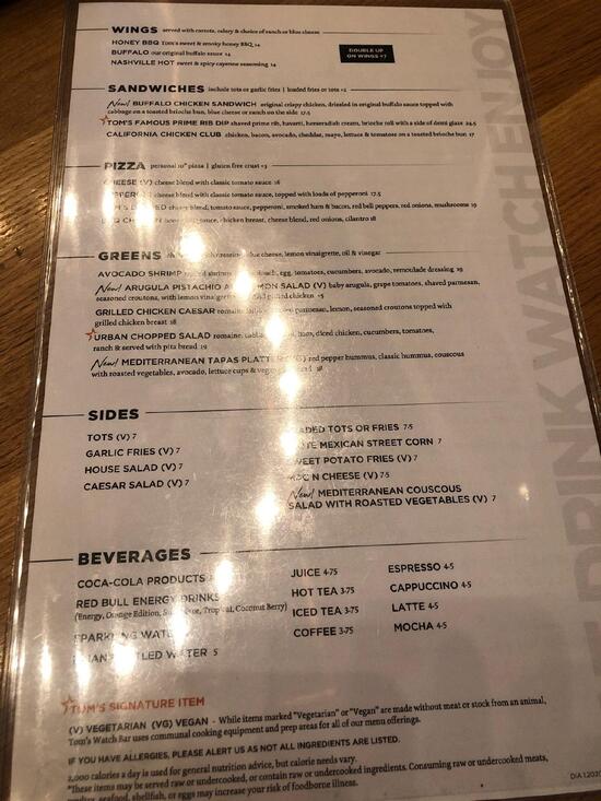 Menu at Tom's Urban pub & bar, Denver, Peña Blvd