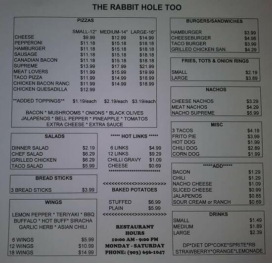 Menu at The Rabbit Hole Too restaurant, Lone Star