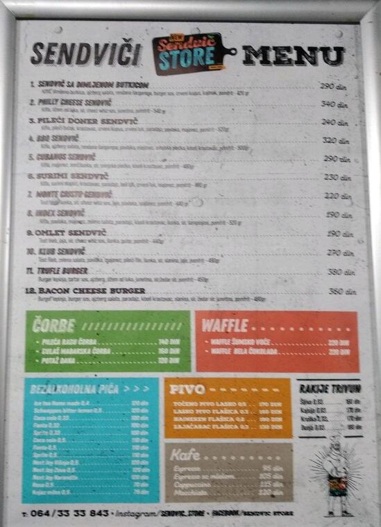 Menu at Sendvič store restaurant, Belgrade