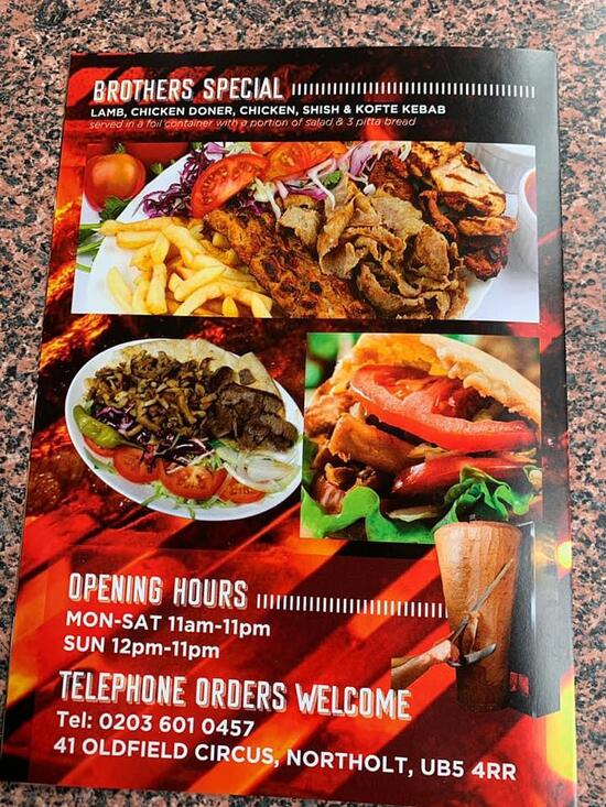Menu at Brothers Kebab restaurant, London, 41 Oldfields Circus