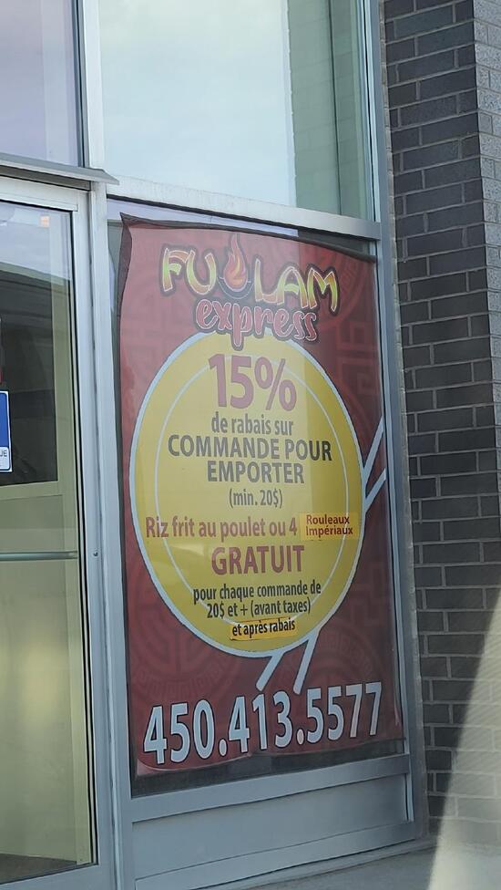 Menu au Fu Lam Express restaurant, Saint-Eustache