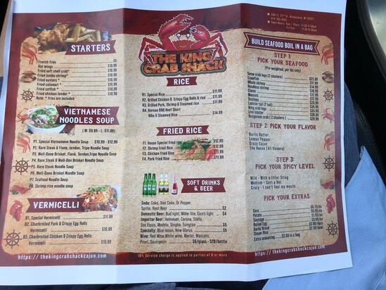 Menu at The King Crab Shack restaurant, Milwaukee, S 27th St