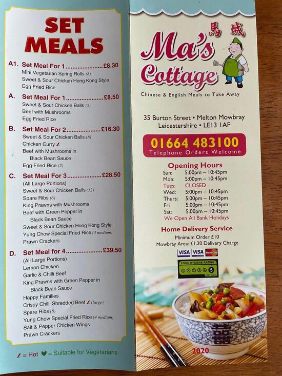 Menu at Ma's cottage fast food, Melton Mowbray