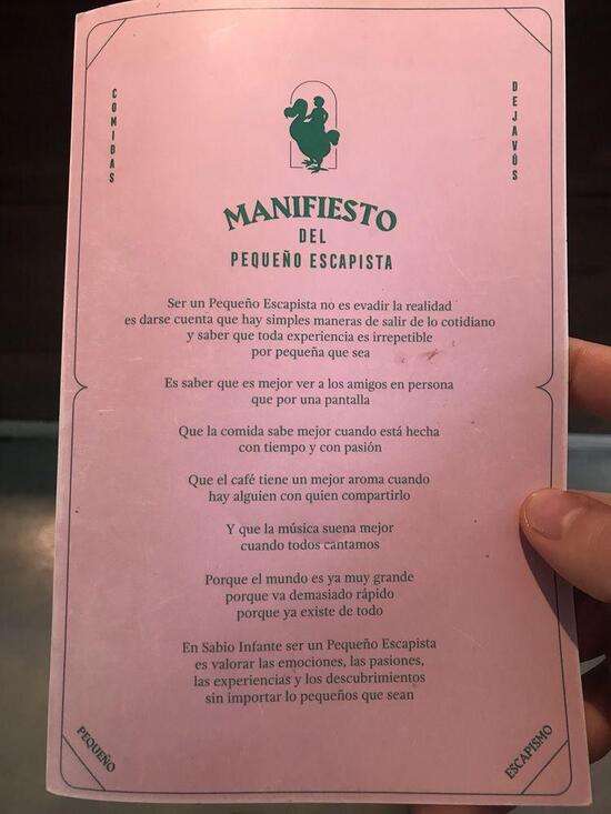 Menu at Sabio Infante restaurant, Barcelona