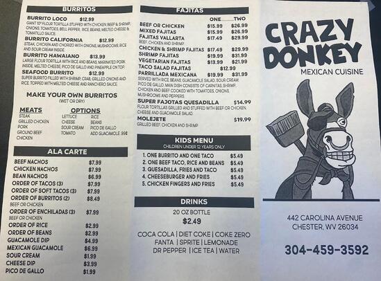 Menu at Crazy Donkey Mexican Cuisine restaurant, Chester