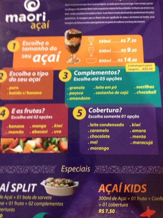 Menu em Maori Açaí, Serra