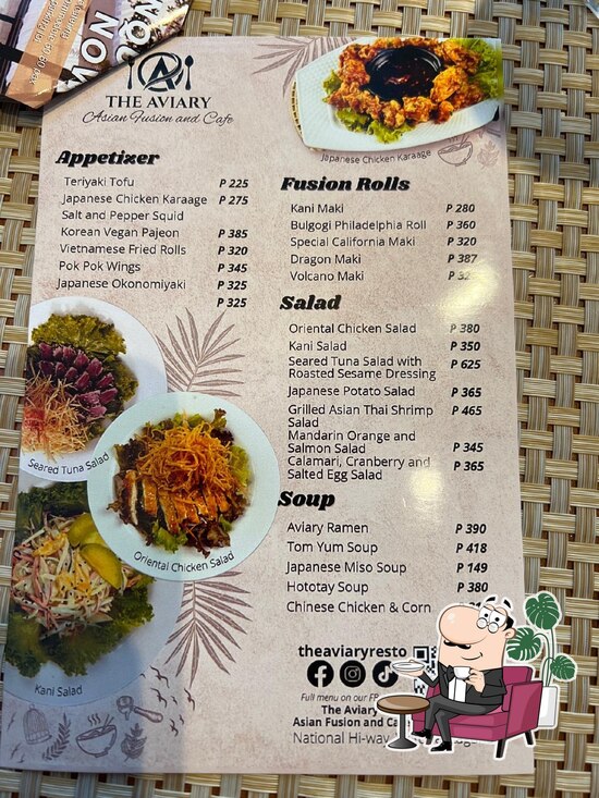 Menu at The Aviary Asian Fusion and Cafe, Victoria, 685X+3WR