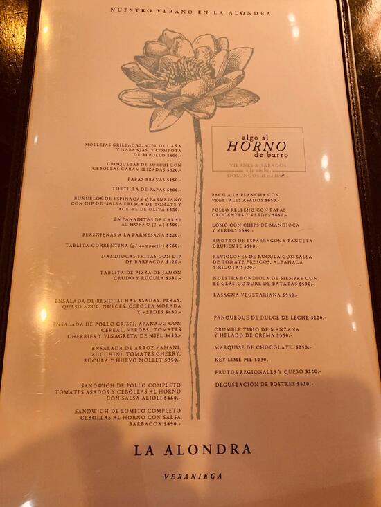 Menu at La Alondra Casa de Huéspedes restaurant, Corrientes