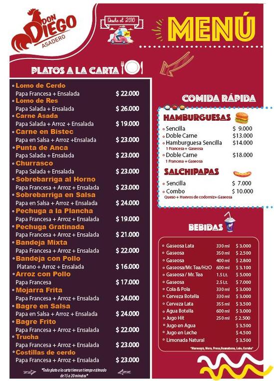 Menu at Asadero Don Diego restaurant, Bogotá