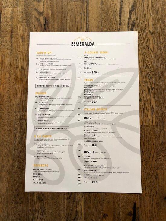 Menu at Esmeralda Pizza Amager pizzeria, Copenhagen