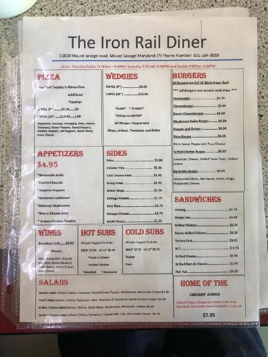 Menu at Iron Rail Diner restaurant, Mount Savage, Mt Savage Rd NW