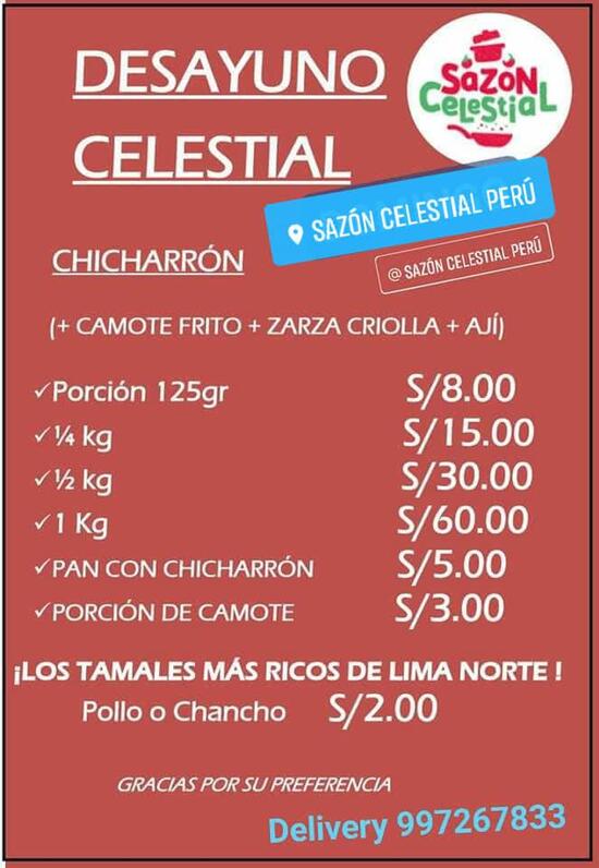 Menu at Sazón Celestial Perú restaurant, Lima