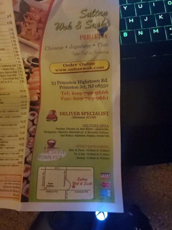 Menu at Sultan Wok Chinese, Sushi & Thai restaurant, West Windsor Township