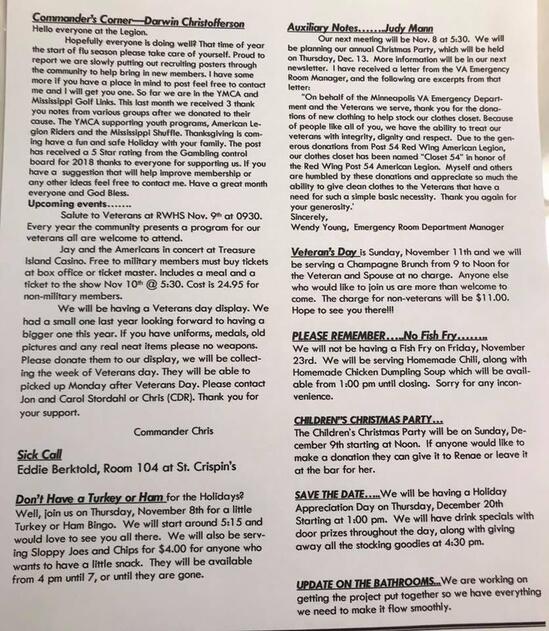 Menu at American Legion Post #54 pub & bar, Red Wing