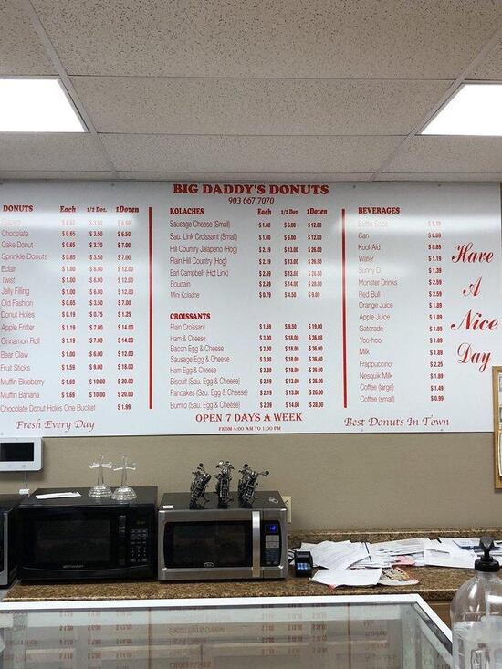 Menu at Big Daddy's Donuts, De Kalb, 401 W Front St