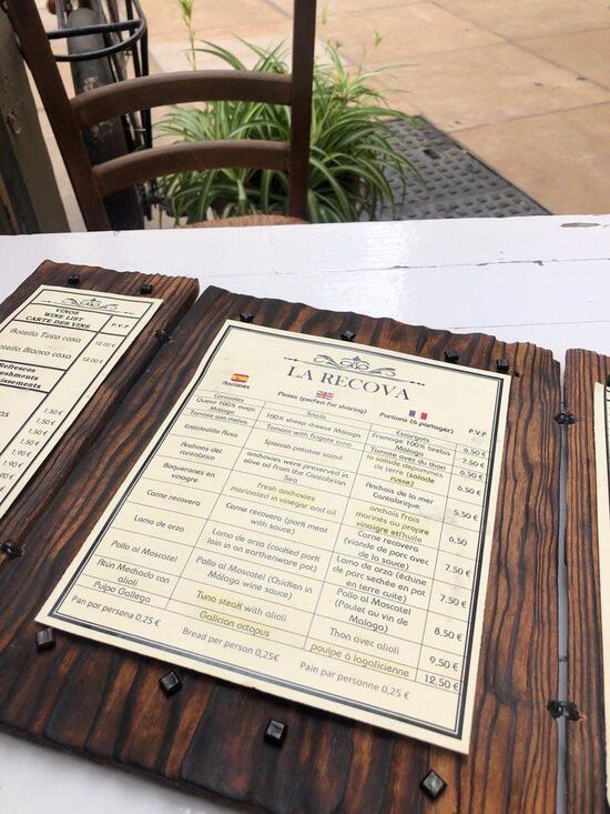 Menu at La Recova cafe, Málaga