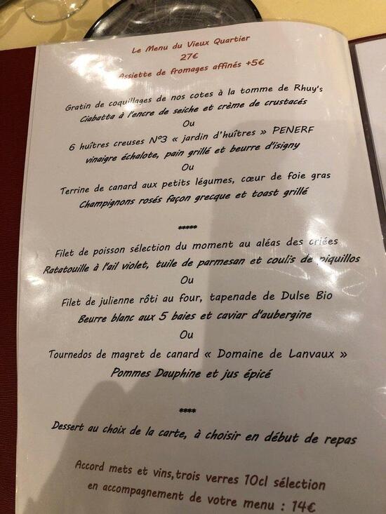 Menu au Le Vieux Quartier restaurant, La Roche-Bernard