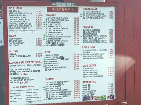 Menu at Ming's Cafe, Tyler