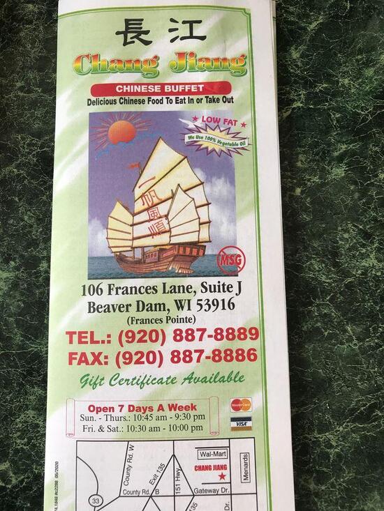 Menu at Chang Jiang Buffet restaurant, Beaver Dam