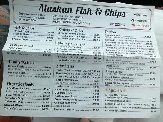 Menu at Alaskan Fish & Chips restaurant, Westminster