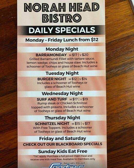 Menu at Norah Head Sporties restaurant, Norah Head