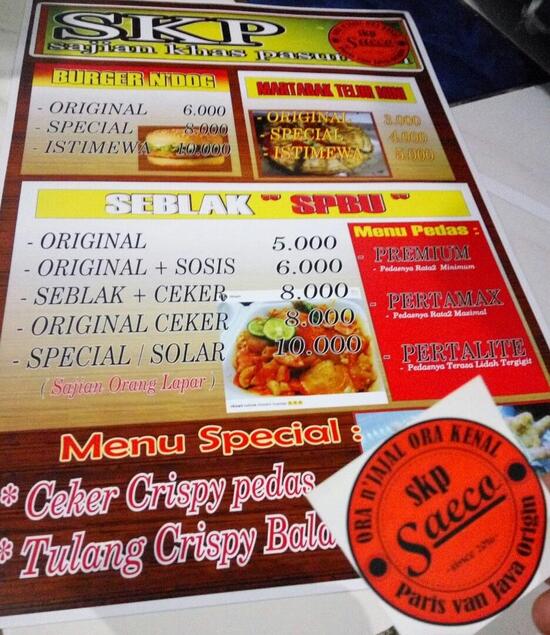 Menu at SKP SAECO cafe, Jatiroto