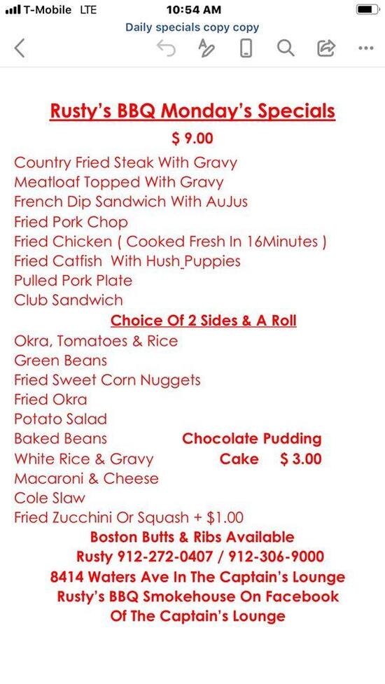 Menu at Rusty's BBQ Smoke House, Savannah