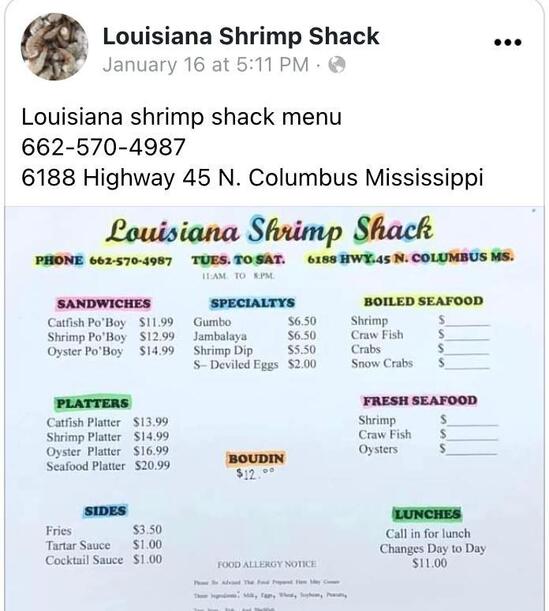 Menu at Louisiana Shrimp Shack restaurant, Columbus, Hwy 45 N