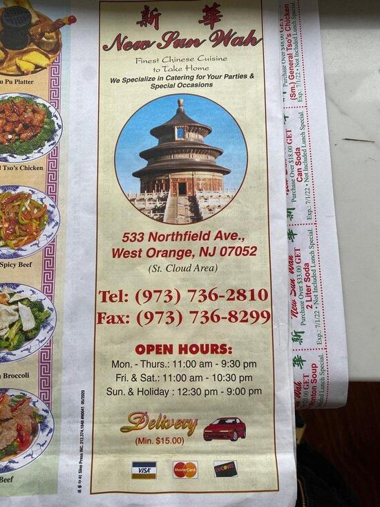 Menu at Sun Wah Kitchen restaurant, West Orange