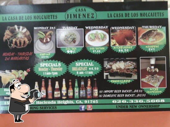 Menu at Casa Jimenez restaurant, La Puente, 1665 N Hacienda Blvd