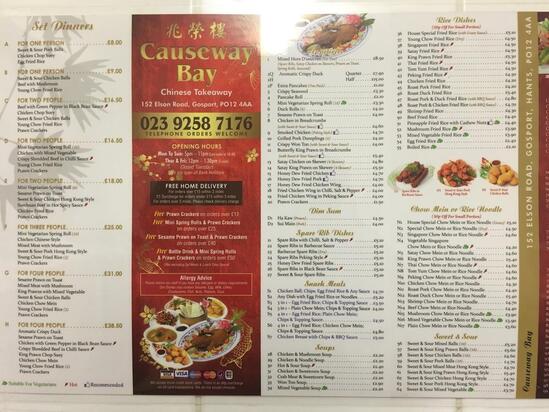 Menu at Causeway Bay Chinese fast food, Gosport
