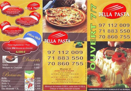 Menu at Bella pasta restaurant, Tunis, centre molkael manar II