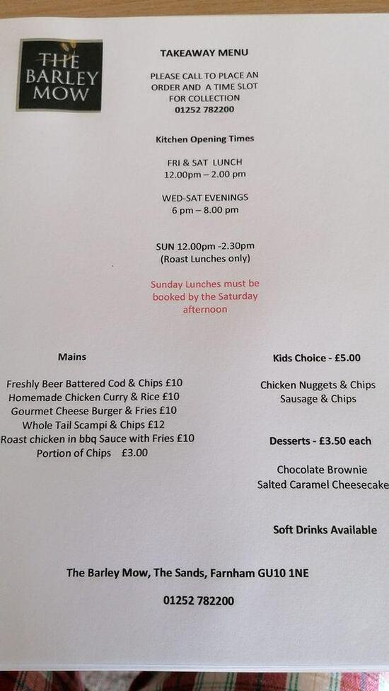 Menu at Barley Mow, The Sands, Ash