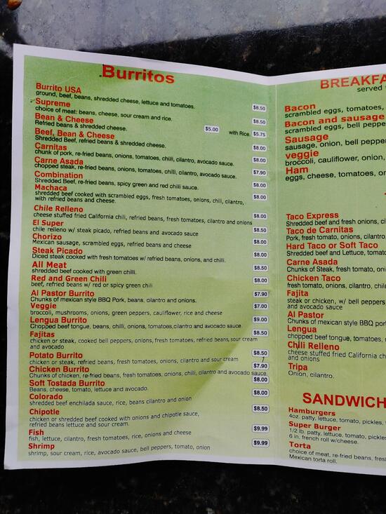 Menu at Burrito USA restaurant, Saint Helens