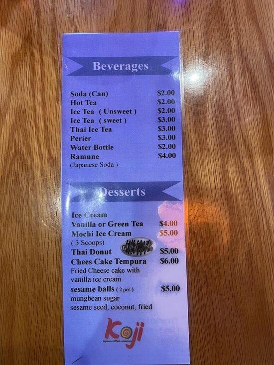 Menu at Koji Japanese and Thai Restaurant, Sebastian