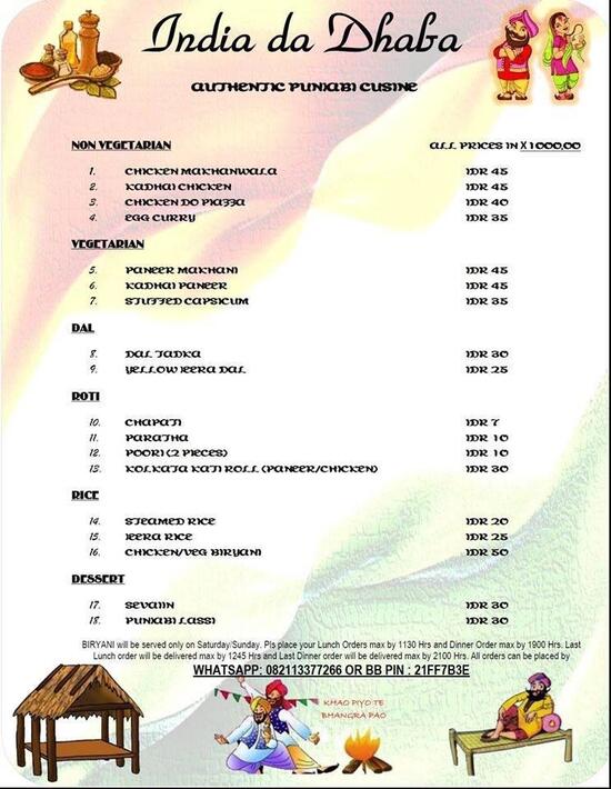 Menu at India da dhaba restaurant, Jakarta