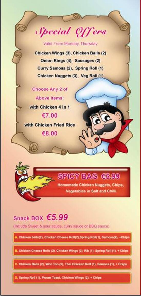 Menu at Rainbow House restaurant, Kildare, 3 Claredon Court