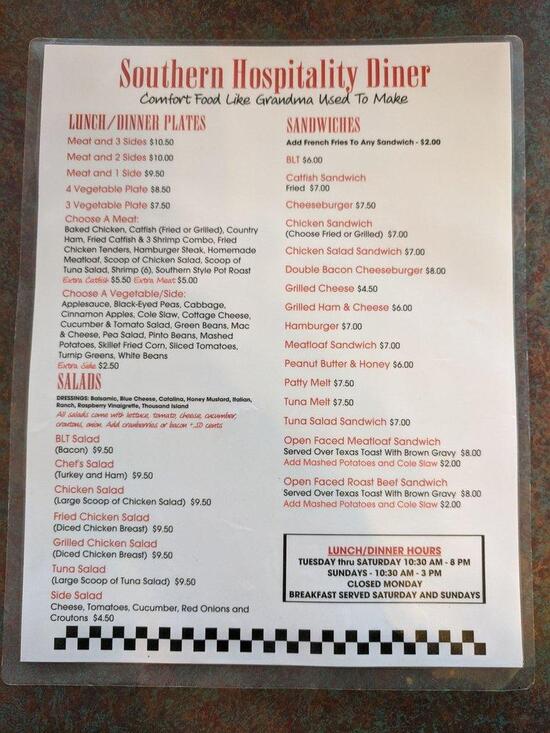 Menu at The Southern Eatery restaurant, Nolensville