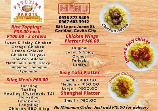 Carta de Patutina Barote rice toppings, Cavite