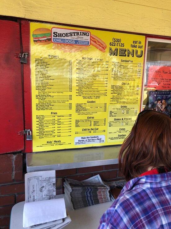Menu at Shoestring restaurant, Placerville