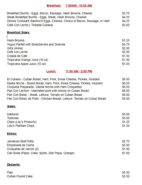 Menu at Cafe Mely, Hialeah