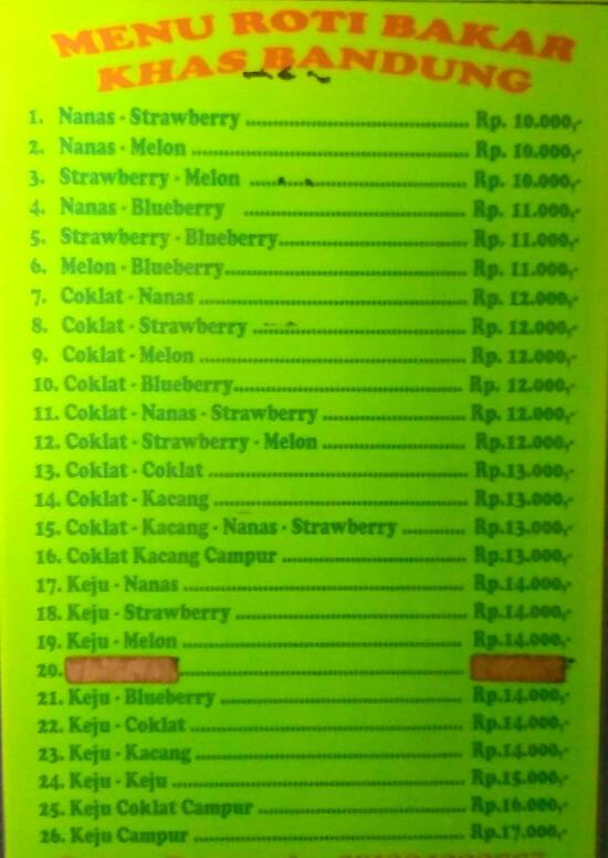 Menu at Roti Bakar Sari Khas Bandung, Ponorogo