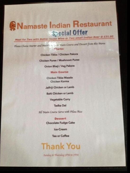 Menu at Namaste Indian Restaurant, Ballyclare