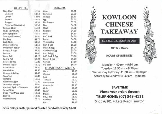 Menu at Kowloon Takeaways restaurant, Hamilton